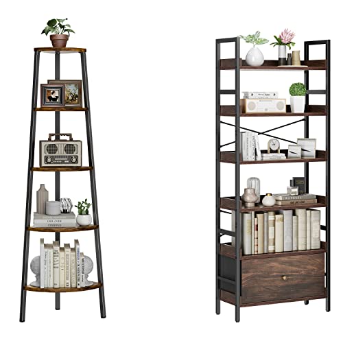 Pipishell Bookshelf, 6-Tier Bookcase with Storage Drawer, Tall Bookshelf Storage Rack with Metal Frame & Wood Grain Finish, Industrial Bookshelf for Living Room, Bedroom, and Home Office, PIBS02WN