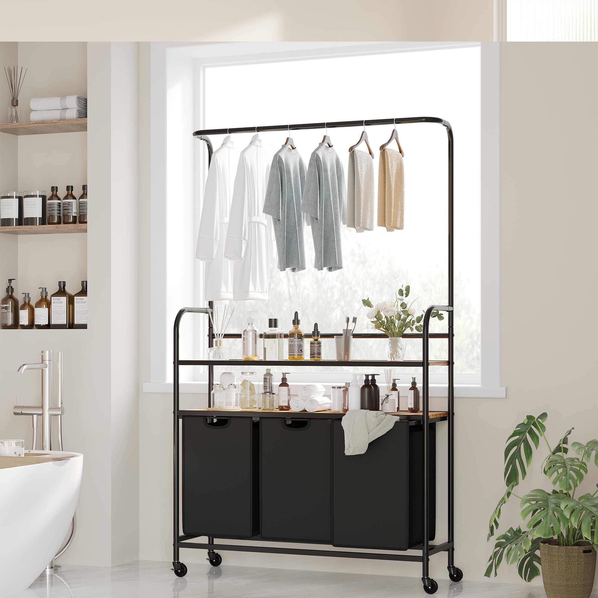 kepptory Laundry Basket 3 Section, 3 × 11.5 Gal (47L), Laundry Hamper Laundry Sorter 3 Section with Shelves and Clothes Hanging Bar, Rolling 3 Compartment Laundry Hamper for Laundry Bathroom Bedroom