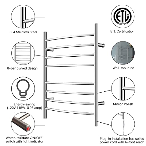 HEATGENE Towel Warmer 8 Bar Plug-in Curved Bath Towel Heater Towel Warmer for Bathroom Plug-in Drying Rack Mirror Polish