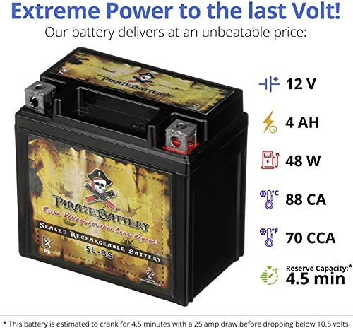 Pirate Battery YTX5L-BS Maintenance Free Replacement Battery for ATV, Motorcycle, and Scooter: 12 Volts, 5 Amps, 4Ah, Nut and Bolt (T3) Terminal