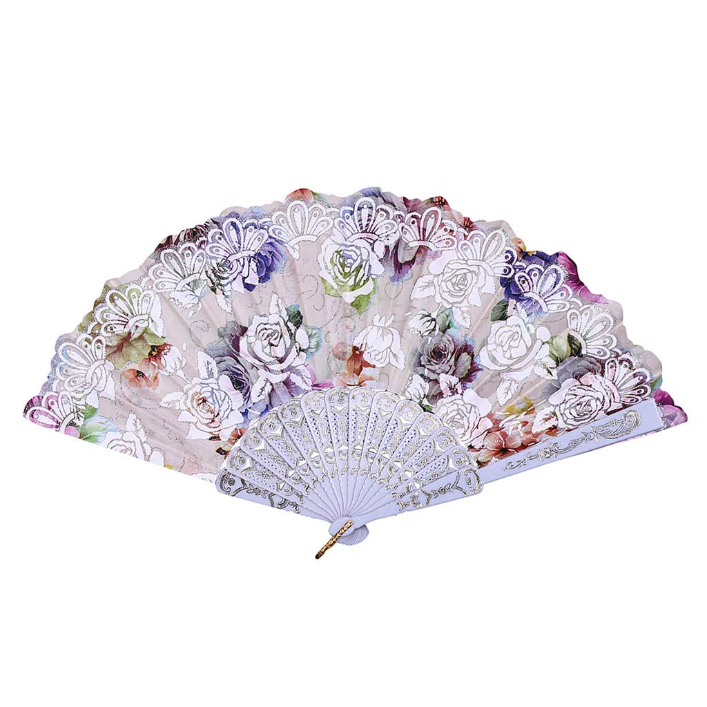 Hand Fans Folding fan Pattern Hand Fan Silk Bamboo Folding Hand Folded For Church Wedding dance party colorful Lace Silk Folding Handmade (Color : H)