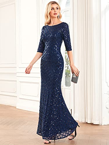 Ever-Pretty Women's Crewneck Half Sleeve Sequin Mermaid Maxi Glitter Evening Dresses Navy Blue US4