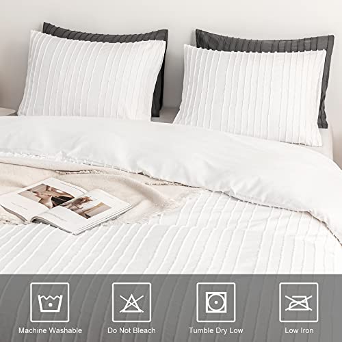 WARMDERN White Boho Duvet Cover Set King Size, Striped Textured Duvet Cover Tufted Bedding Set, 3 Pcs Ultra Soft Washed Microfiber Duvet Cover with Zipper Closure (King, White)