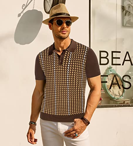 PJ PAUL JONES Retro Knitted Polo Shirt for Men 1950s Houndstooths Shirt Short Sleeve Button Down Knit Polos Knit Light Coffee S