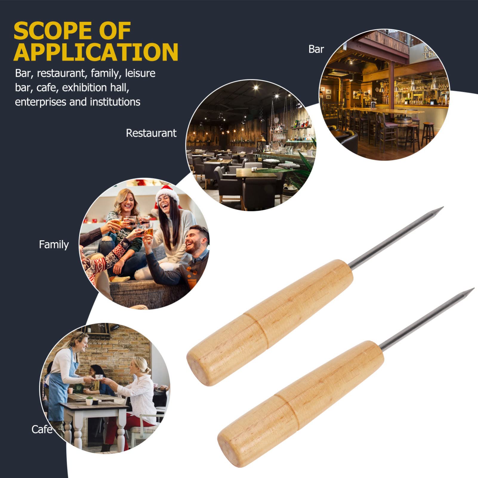 Hemoton 2pcs Stainless Steel Wooden Handle Picks for Kitchen Bars Bartender Picnics Camping Tea Accessories Ice Cube Breaking Prying Cake Brick Tea Cone