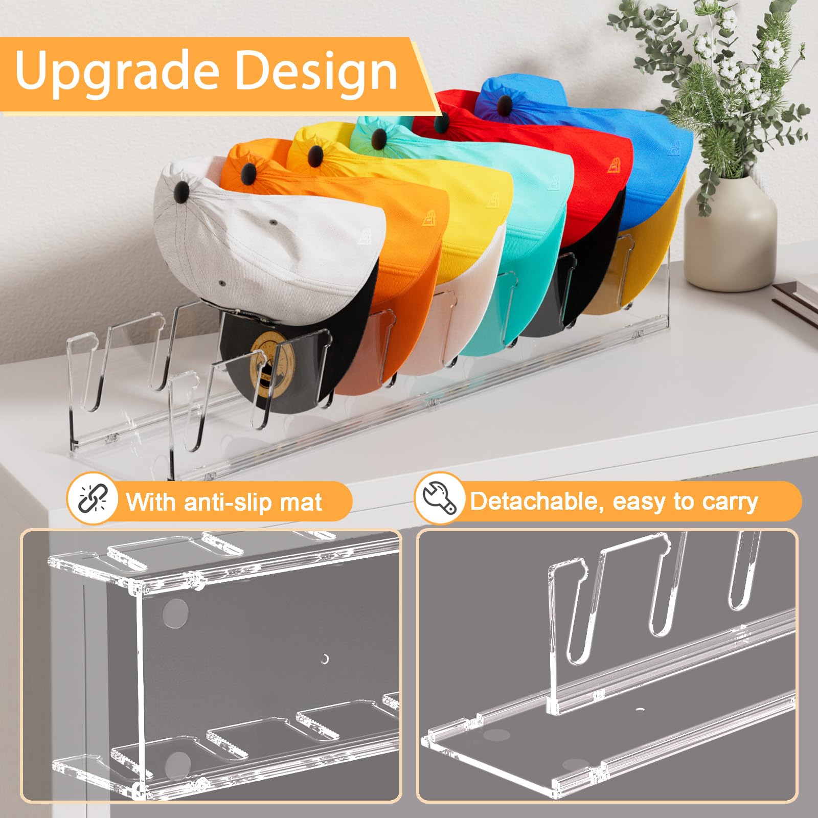 Meeenmiil Hat Organizer for Baseball Caps 2 Pack, Anti-slip Hat Stand for 16 Baseball Caps, Hat Racks for Baseball Caps Storage and Display Hat Holder for Bedroom, Closet, Dresser (Clear)