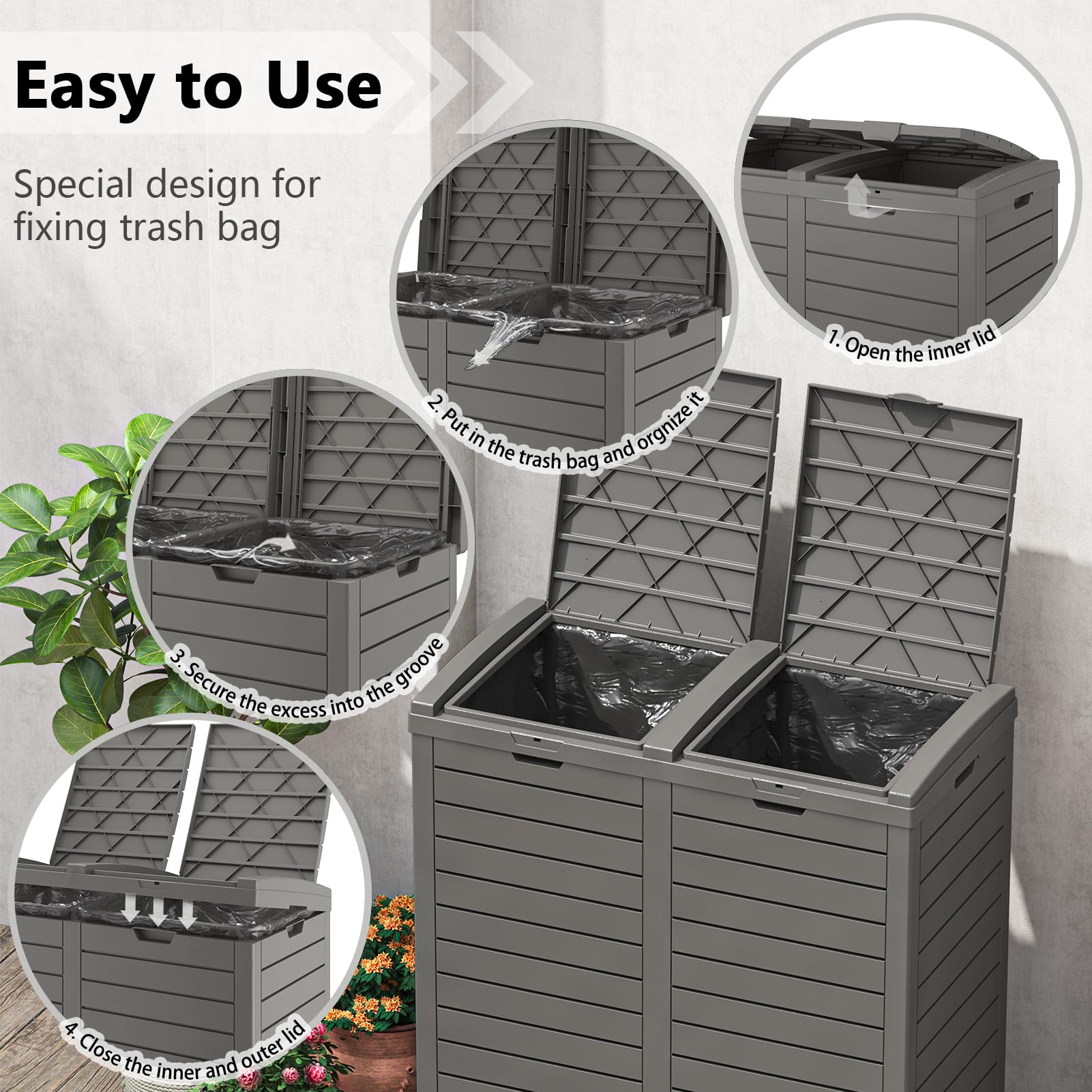 Outdoor Trash Can, 62 Gallon Waterproof Garbage Can with Tiered Lid and Drip Tray, Resin Outside Trash Bin for Patio, Backyard, Deck