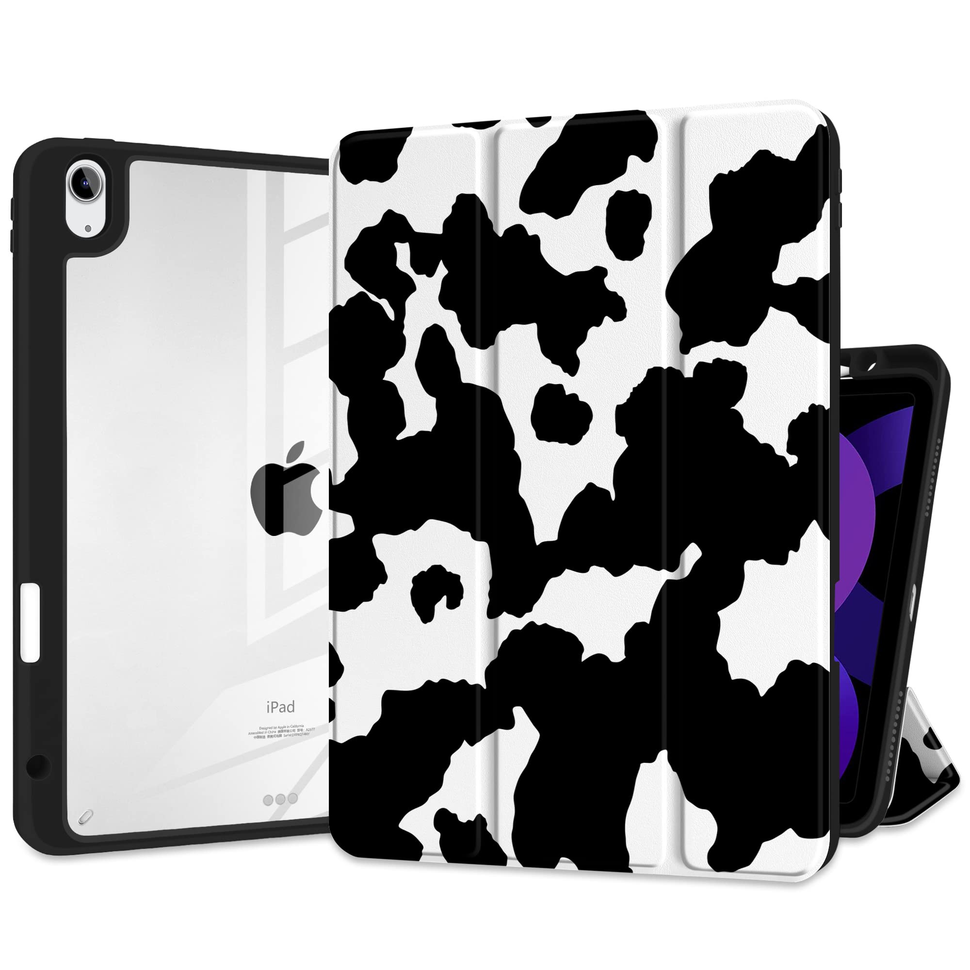 MEEgoodo for iPad 10th Generation Case 10.9 inch 2022, Tablet Cases with Clear Back & TPU Shockproof Frame Cover, Kids Shell with Trifold Stand+Pencil Holder+Auto Wake/Sleep, Black & White Piebald