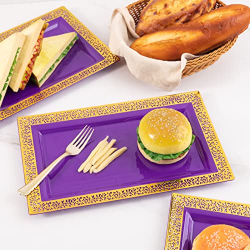 U-QE 8 Pack Rectangle Plastic Serving Tray - Purple & Gold Rim Disposable Serving Trays and Platters for Food - Platters for Serving Food - Party, Wedding, Dessert Table, Cupcake display - 13x8 inches