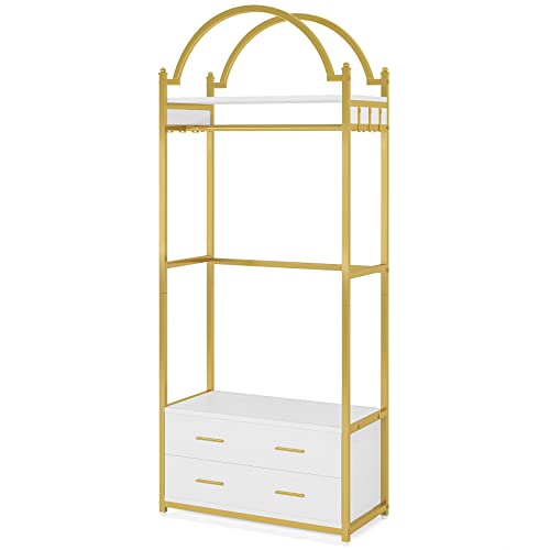 LITTLE TREE Tall Clothes Rack Shelves with Shelves Drawers and Hooks, Modern Arced Closet Organizer Heavy Duty Garment Clothing Freestanding Wardrobe Storage Shelving with Hanging Rod, White Gold
