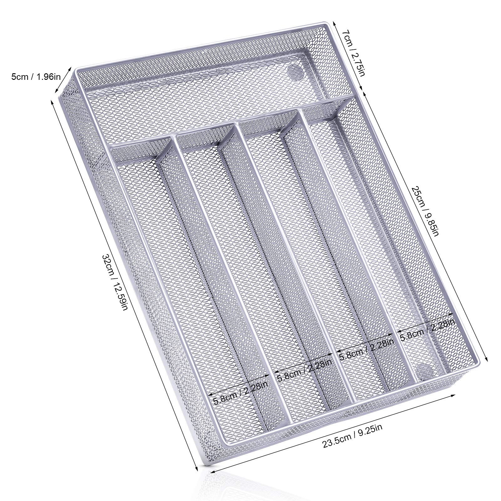 Flatware Organizers 5 Compartments, Metal Mesh Kitchen Utensil Drawer Cutlery Tray with 4 Foam Feet, Silver