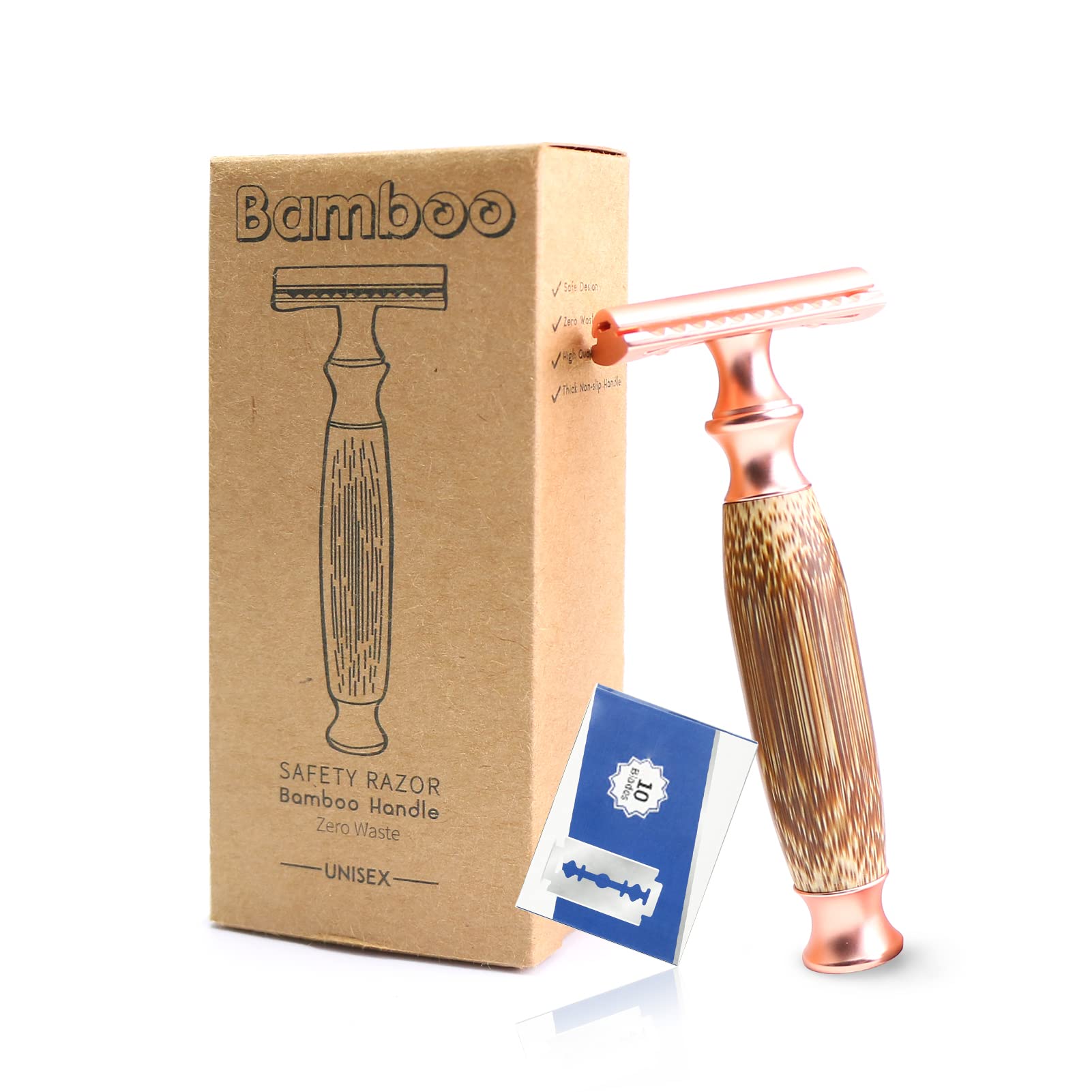 Yoseng Safety Razor | Rose Gold Double Edge Safety Razor for Men or Women,Eco Razor with Natural Bamboo Handle -sustainable products l Zero plastic(with 10 Blades)