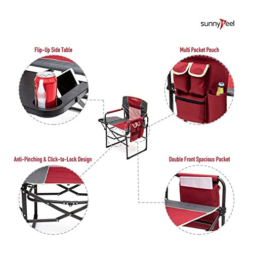 SUNNYFEEL Camping Directors Chair, Heavy Duty,Oversized Portable Folding Chair with Side Table, Pocket for Beach, Fishing,Trip,Picnic,Lawn,Concert Outdoor Foldable Camp Chairs (Red)