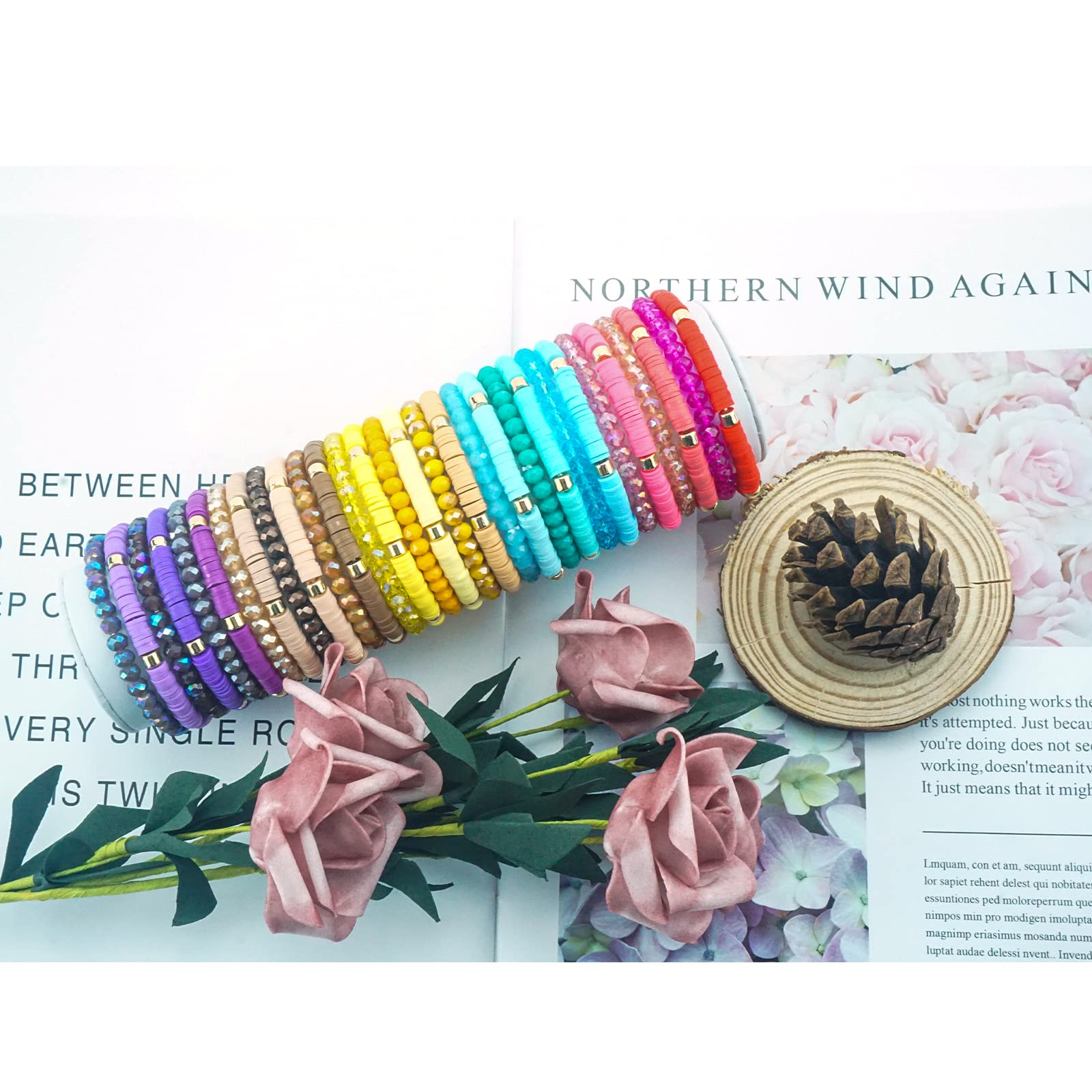 Hrwzs 36pcs Beaded Bracelets for Women, Bohemian Multi-Layer Beaded Crystal Stacking Statement Bracelets Versatile Strand Stretch Sparkly Crystal Beads Elastic Layering Bracelets