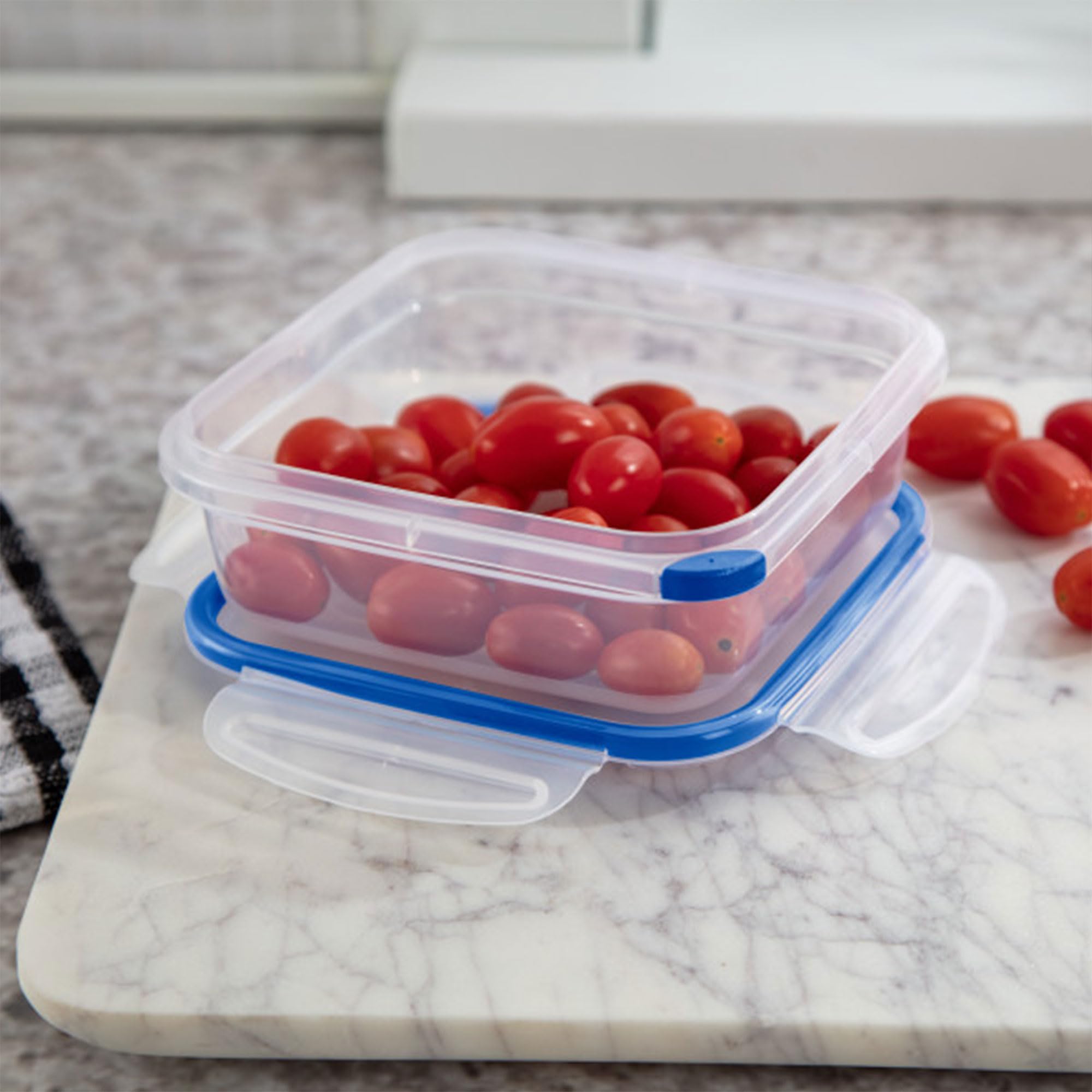 Sterilite Ultra-Seal 4 Cup Square, Airtight Food Storage Container, Latching Lid, Microwave and Dishwasher Safe, Clear With Blue Gasket, 6-Pack