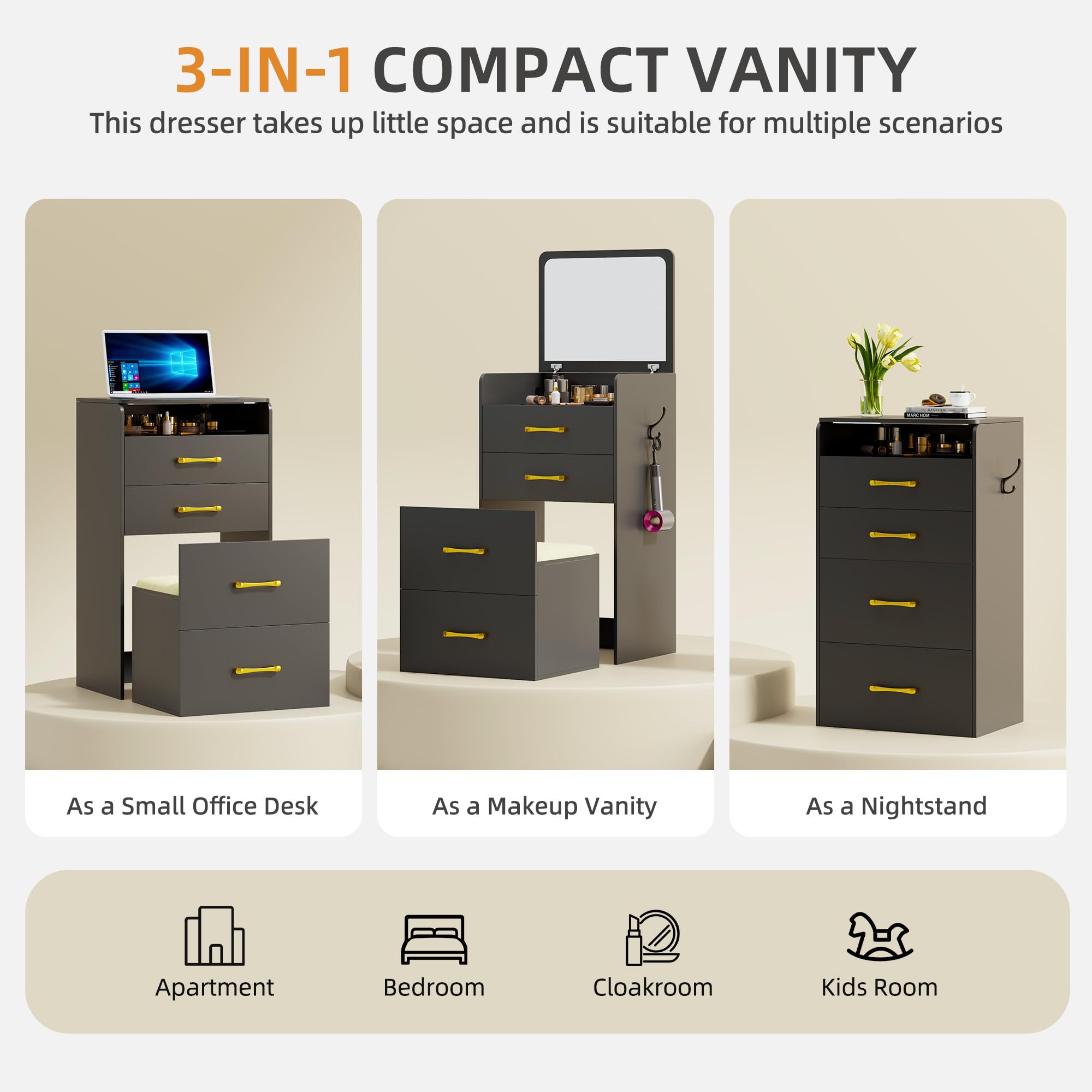 Gurexl 3 in 1 Vanity Desk with Plip Top Mirror,Compact Makeup Vanity with 3 Drawers,Cushioned Tool,Dressing Table for Bedroom,Small Make Up Vanity Set with Visible Glass Desktop,Black