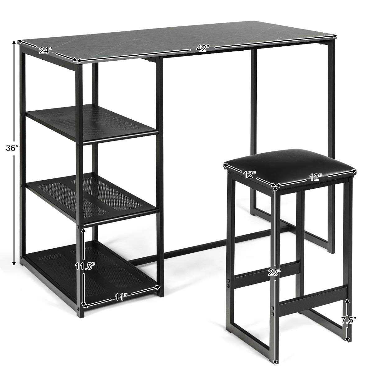 COSTWAY 3-Piece Dining Set, Compact 2 Chairs and Table Set, Kitchen Set with Rectangular Faux Marble, 3 Metal Storage Shelves, Fashionable Simple Style, Kitchen Counter Height Table Set (Gold)