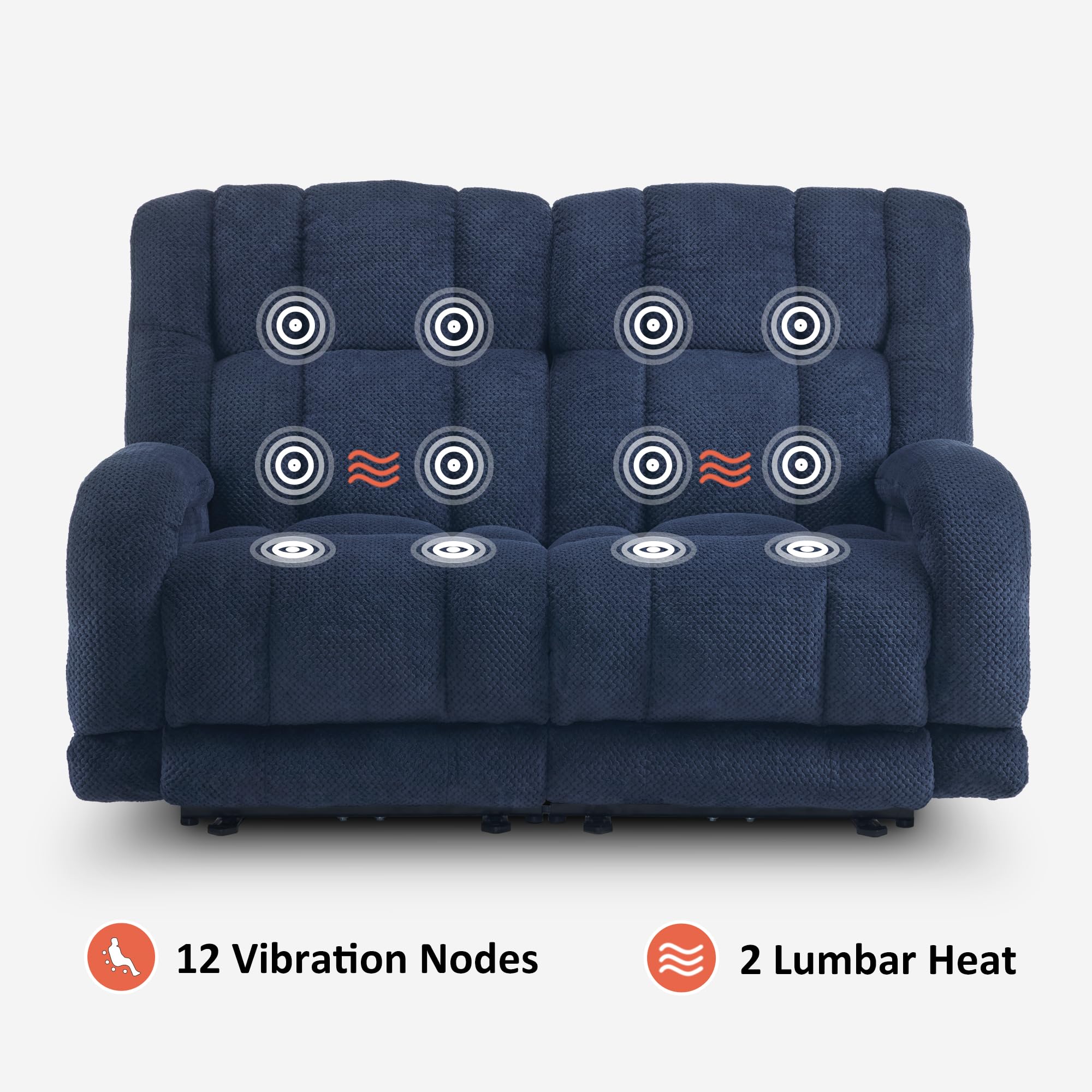 MCombo 64.6" Power Reclining Loveseat Sofa with Adjustable Headrest, Heat and Vibration, Fabric Electric Loveseat Recliner with USB Charge Ports for Living Room 6855 (Navy Blue)