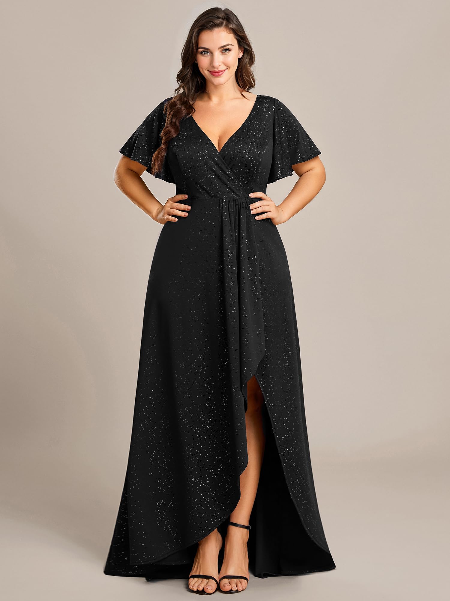 Ever-Pretty Women's Plus Size A-line V Neck Maxi High Low Winter Fall Ball Gowns Party Dresses Black US18