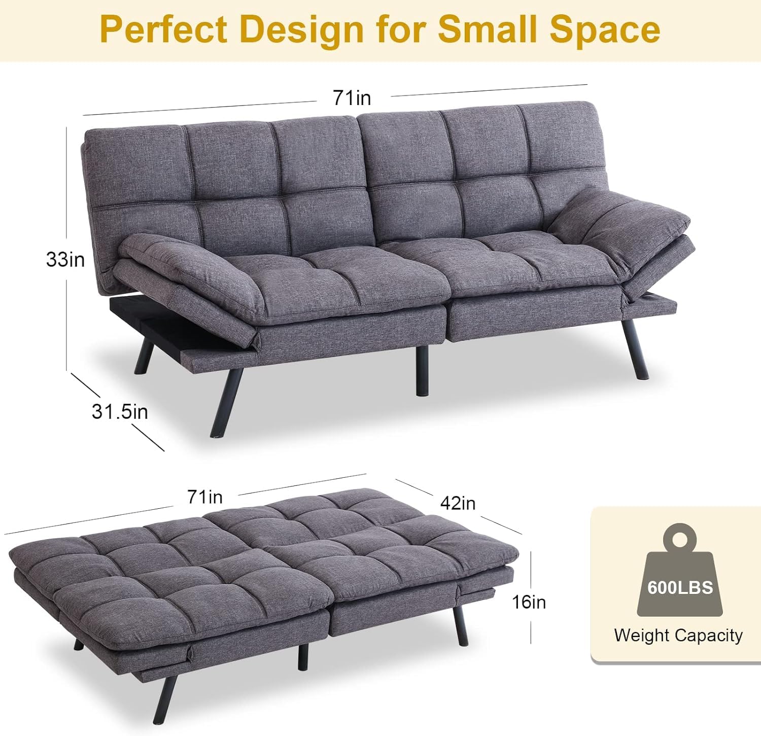 MUUEGM Convertible Futon Sofa Bed Couch Memory Foam Futon Couch Bed Modern Futon Sleeper Leather Sofa Couch Folding Small Love Seat Couch Sleeper Sofa for Living Room Office Small Space