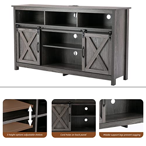 Vinctik 6&Fox 57β Wooden Farmhouse TV Stand for 60/65 inch TV,Double Layer Storage Entertainment Center TV Console Table,w Double-Row Sockets and 2 Sliding Barn Door,Media Cable Box(Grey Wash)