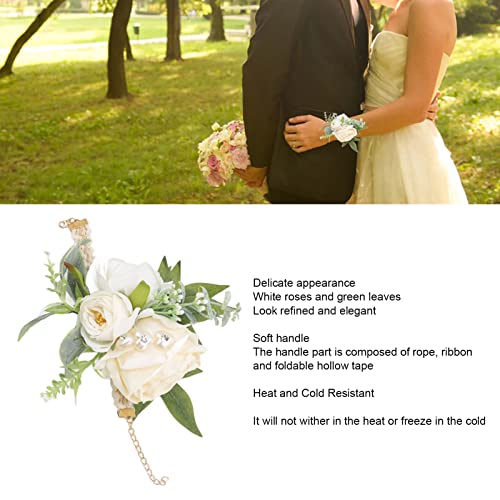Wrist Corsage Wristlet Band Bracelet for Wedding Bride Wrist Flower Artificial Flower Decorative White Roses and Green Leaves for Wedding Party