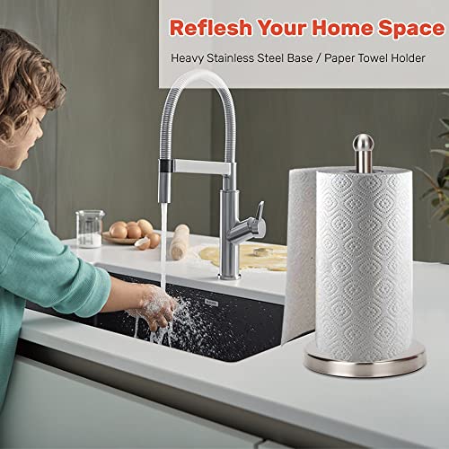 Heavy Weighted Paper Towel Holder, Easy One-Handed Design for Kitchen Stand Paper Towel Dispenser, Sturdy Base for Standard Paper Towel Rolls and Mega Paper Towel Roll (Brushed - Stainless Steel Base)