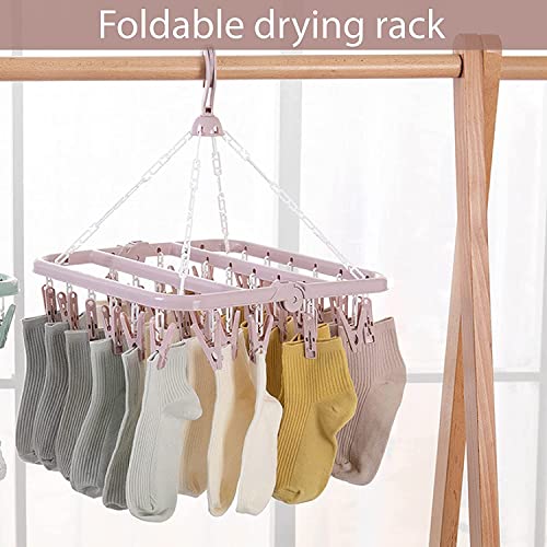 MENFENG Clothes Drying Hanger and Drip Foldable Hanging Sock Rack(32 Clips ) Multifunction Clothes Drying Rack,Rotary Wind-Sock Hanger for Washing line,for Socks, Underwear, Bras, Baby Clothes (Pink)