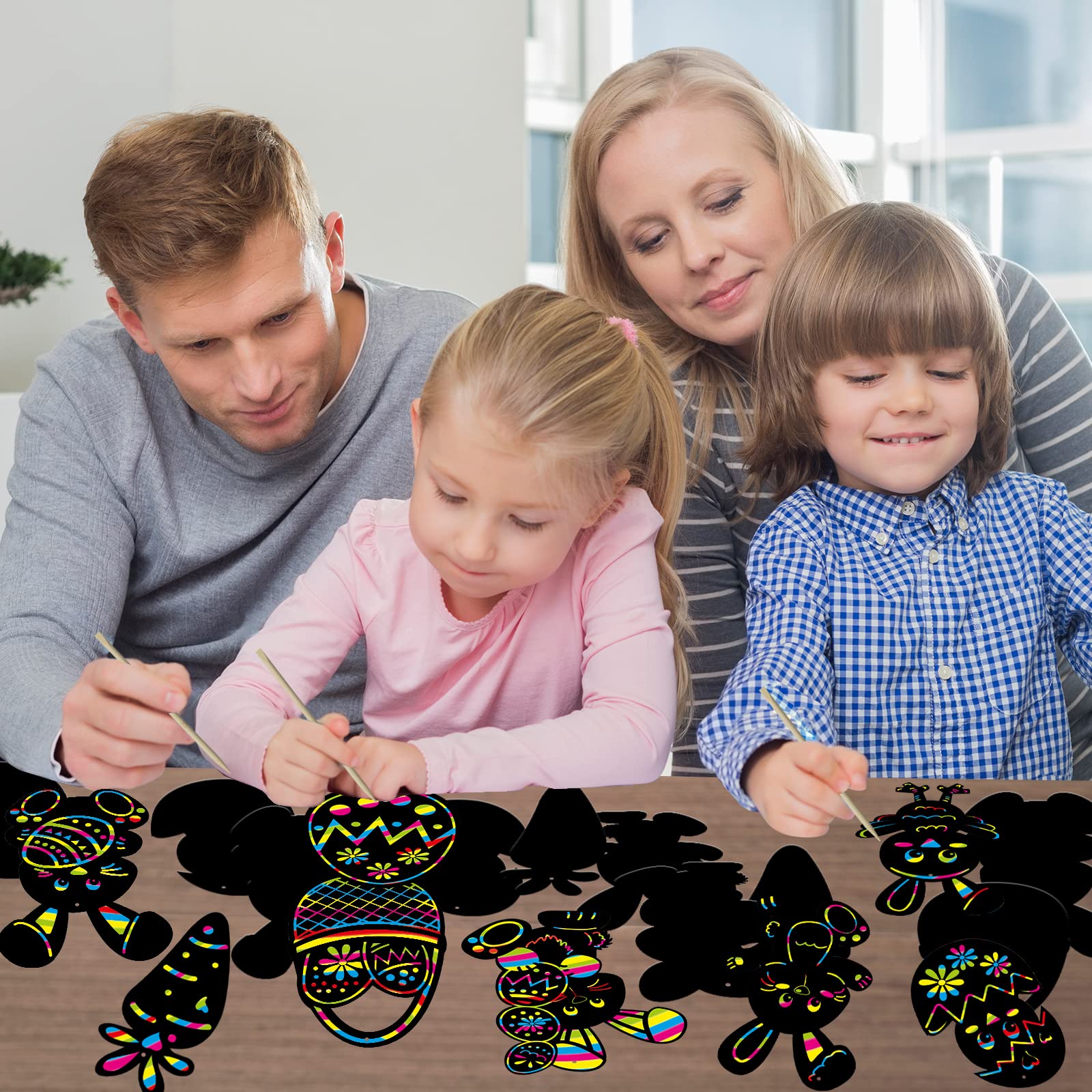 Fancy Land Easter Scratch Paper Rainbow Color Crafts Kit Ornaments for Kids Easter Basket Stuffers Party Favors 48Pcs