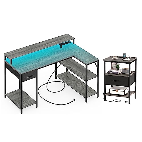 SUPERJARE L Shaped Gaming Desk with LED Lights & Power Outlets and