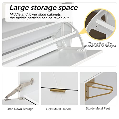 UEV Shoe Cabinet,Freestanding Shoe Rack Storage Organizer with Drawers & Metal Legs,Modern Shoe Storage Cabinet with 3 Flip Drawers for Entryway (White)