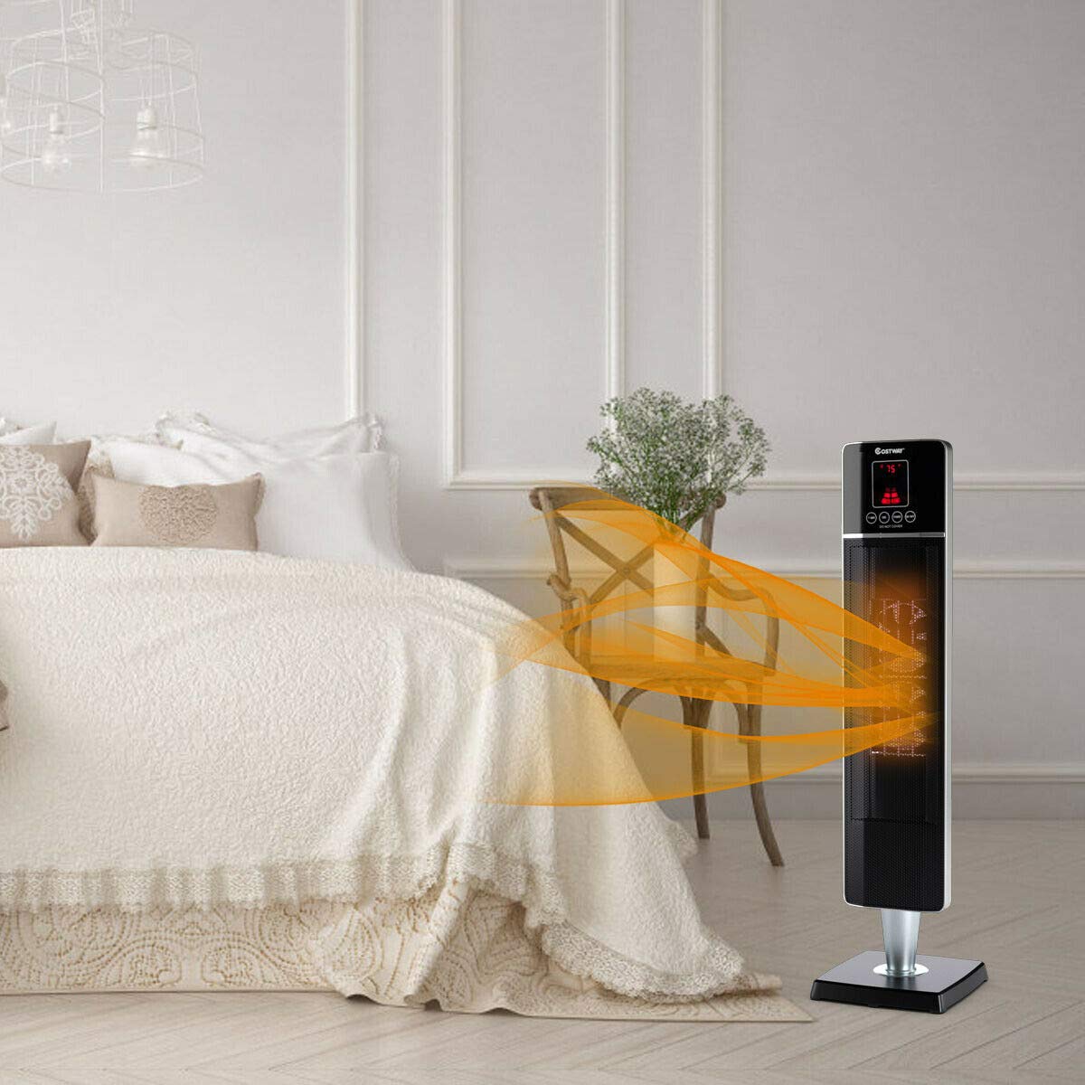 COSTWAY Oscillating Ceramic Tower Heater, 30.5-Inch Portable Room Heater 750W/1500W with 8H Timer, Adjustable Thermostat & Wireless Remote Control, Overheat & Tip-Over Protection for Indoor, Black
