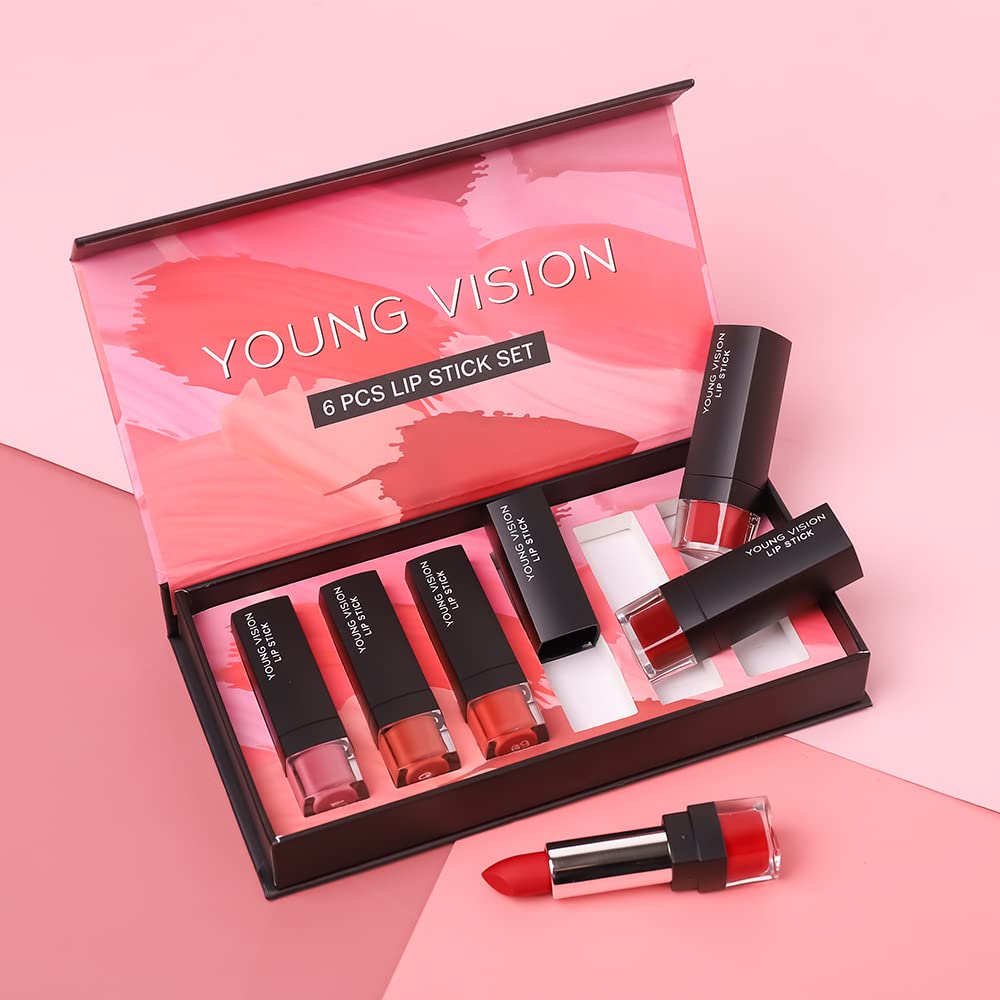 YOUNG VISION Classic Colors Lipstick, Lip Stick Bundles Gift Box Set, Matte Nude Finish, Retractable, 6 Packs