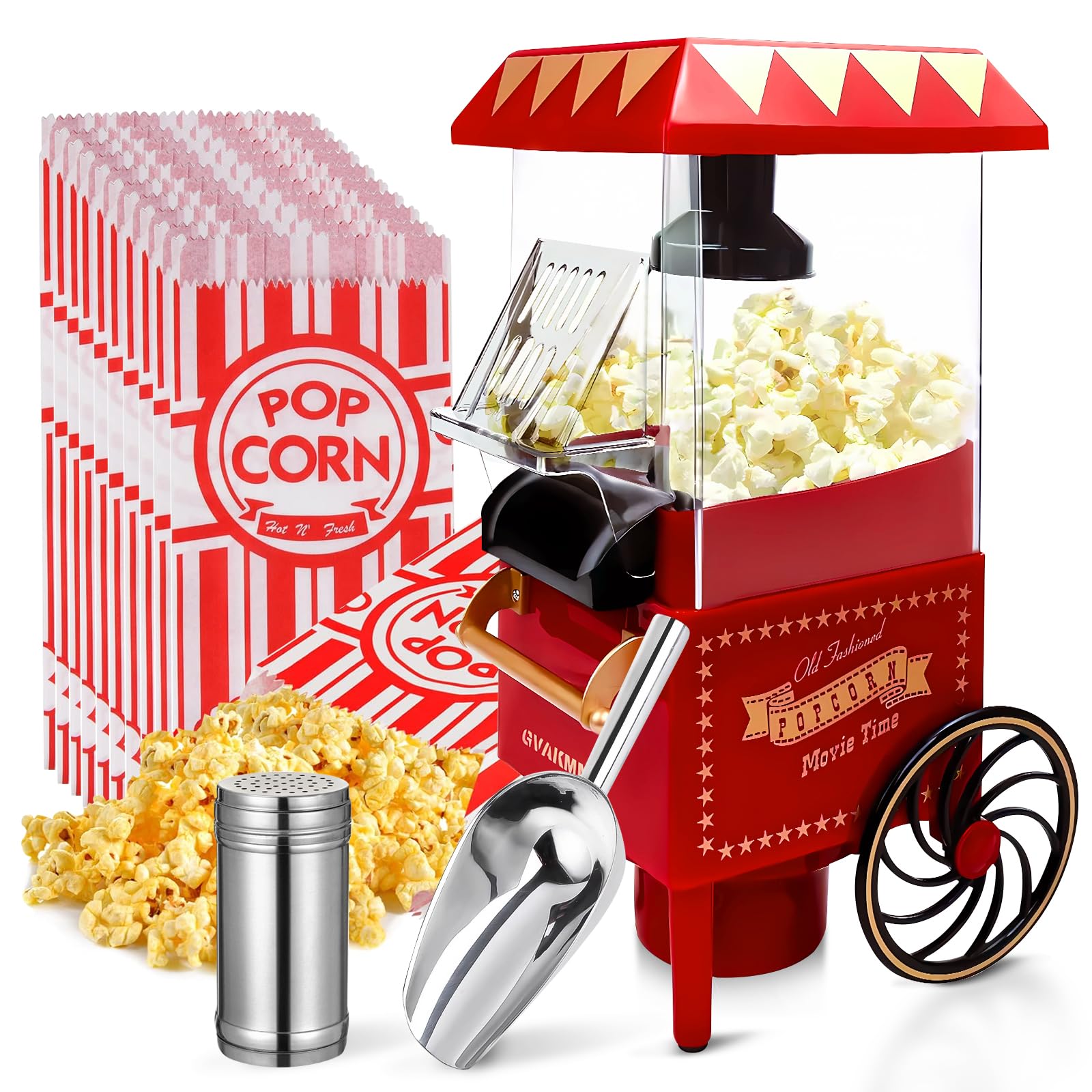 GVAKMM Popcorn Machine, Hot Air Popcorn Maker, Portable Home Popcorn Popper Machine, 10-Cup,Oil-Free,Retro Style,Compact and Cute
