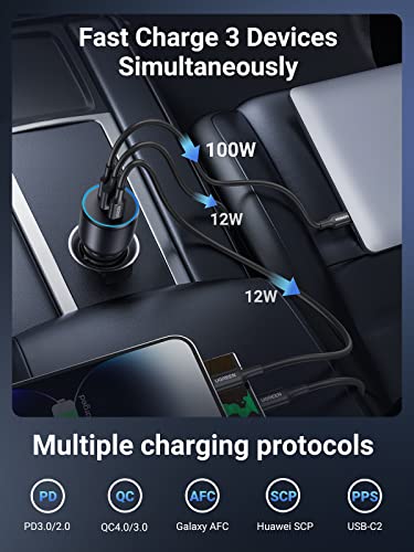 UGREEN 130W USB C Car Charger, PD 100W +PD 30W Type C Car Charger Adapter, Fast Charging Car Charger Compatible with Cell Phones, iPad, MacBook, and More (Comes with 100W USB C to USB C Cable)