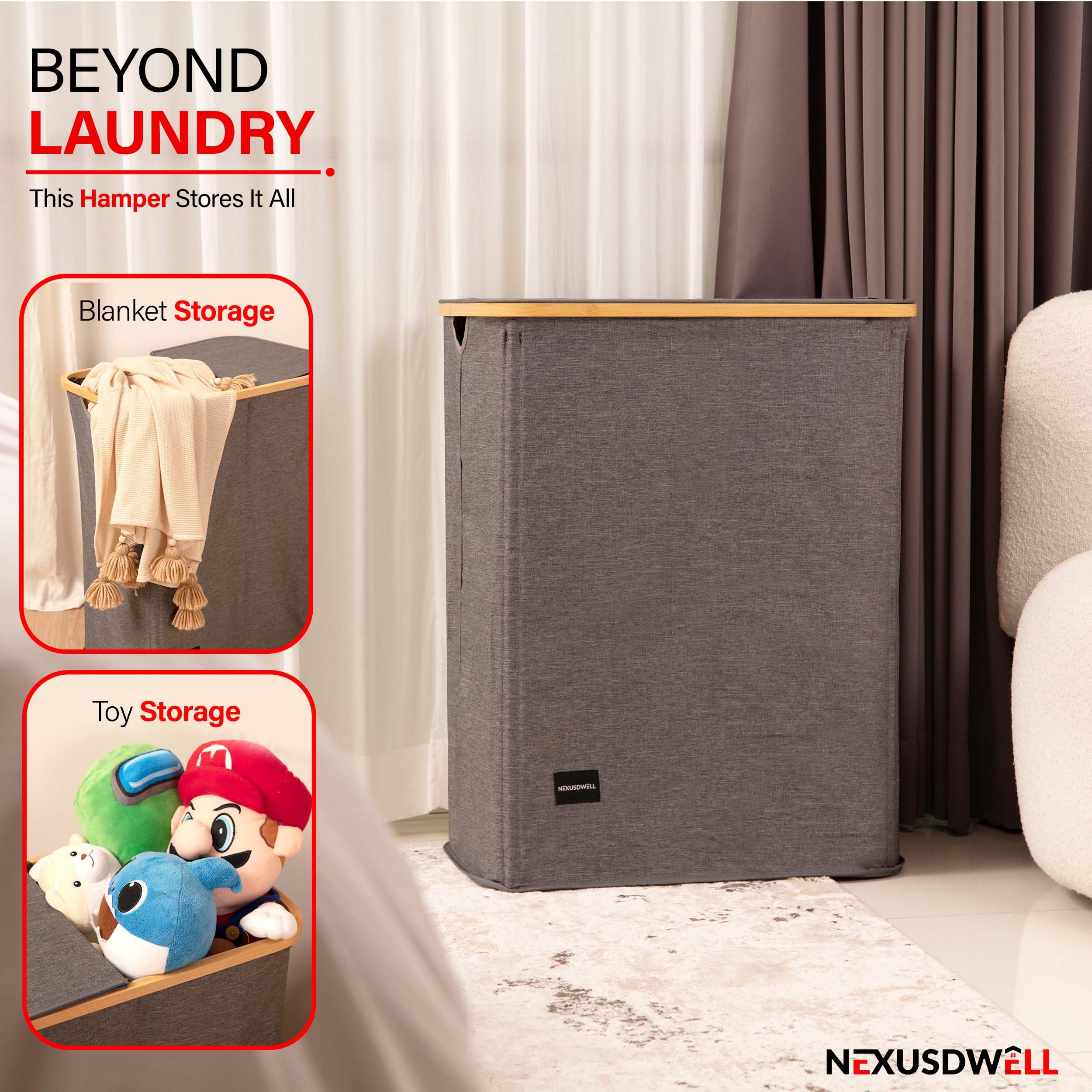 Nexusdwell 150L Large Laundry Hamper 2 Section with Removable Bags & Bamboo Handles- Sturdy Double laundry Basket with Lid and Divider- Grey Dual Laundry Hampers for Bedroom-Double Hamper