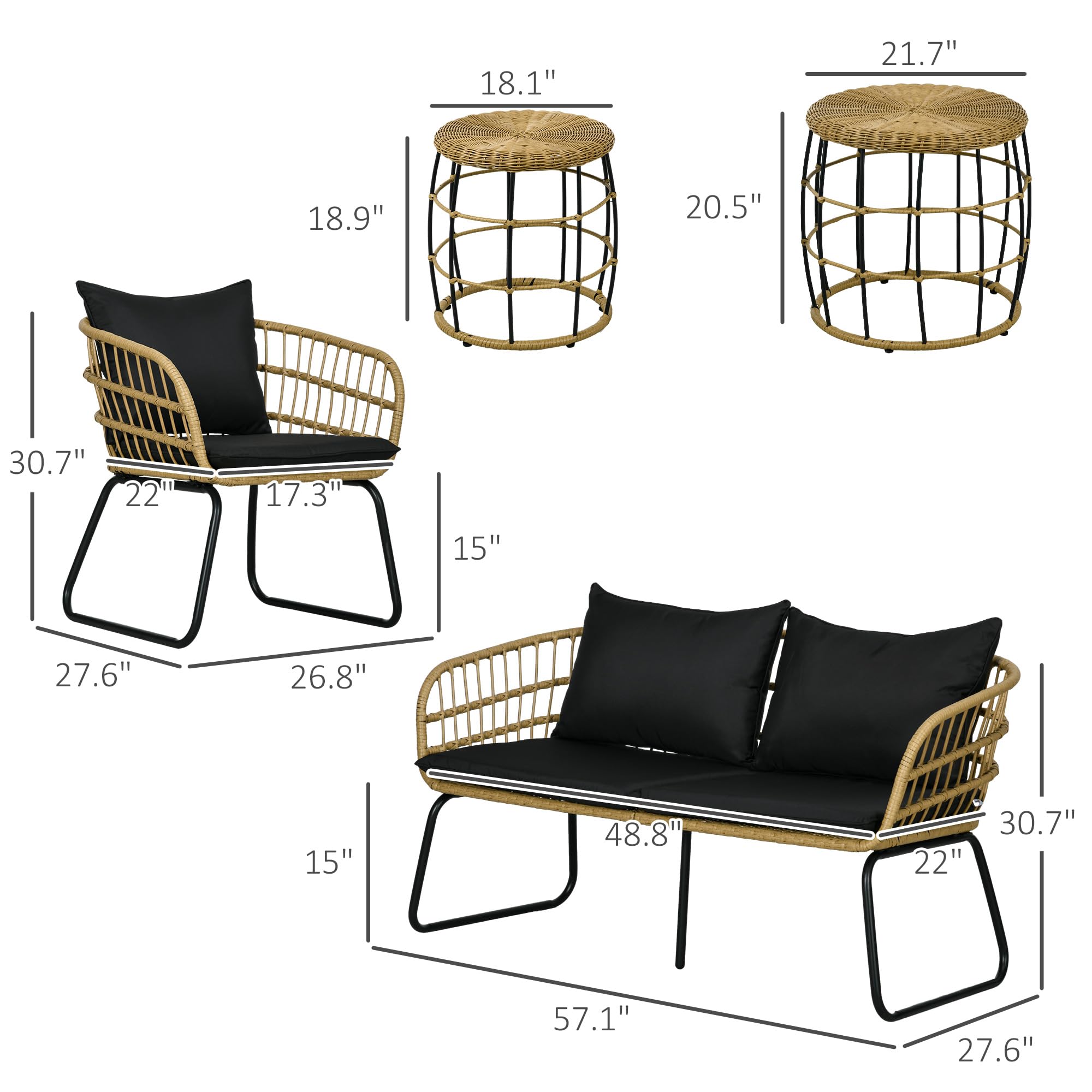 Outsunny 5 Piece PE Rattan Outdoor Furniture Set with Cushioned Chairs & Loveseat Sofa, Patio Sectional Furniture Set, Conversation Sofa Set with Stackable Coffee Tables, Black