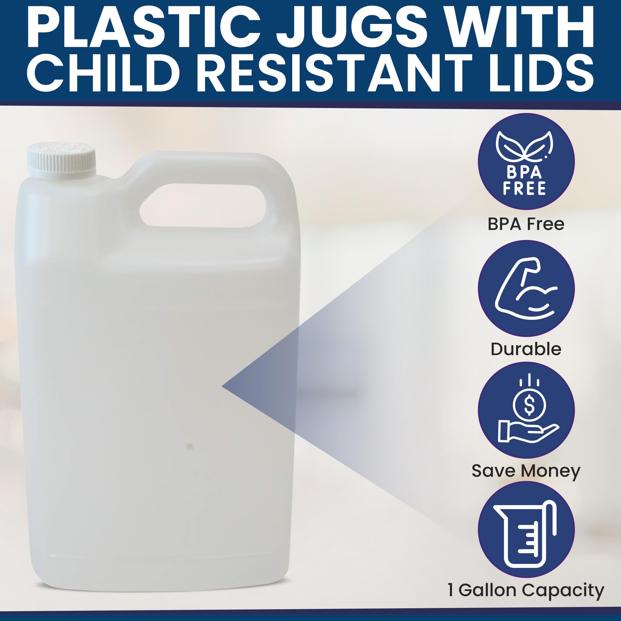 CSBD F-Style Plastic Jug with Child Resistant Lid, Storage Containers with Ergonomic Handle, HDPE Construction for Residential or Commercial Use 2-Pack (1 Gallon, Natural)