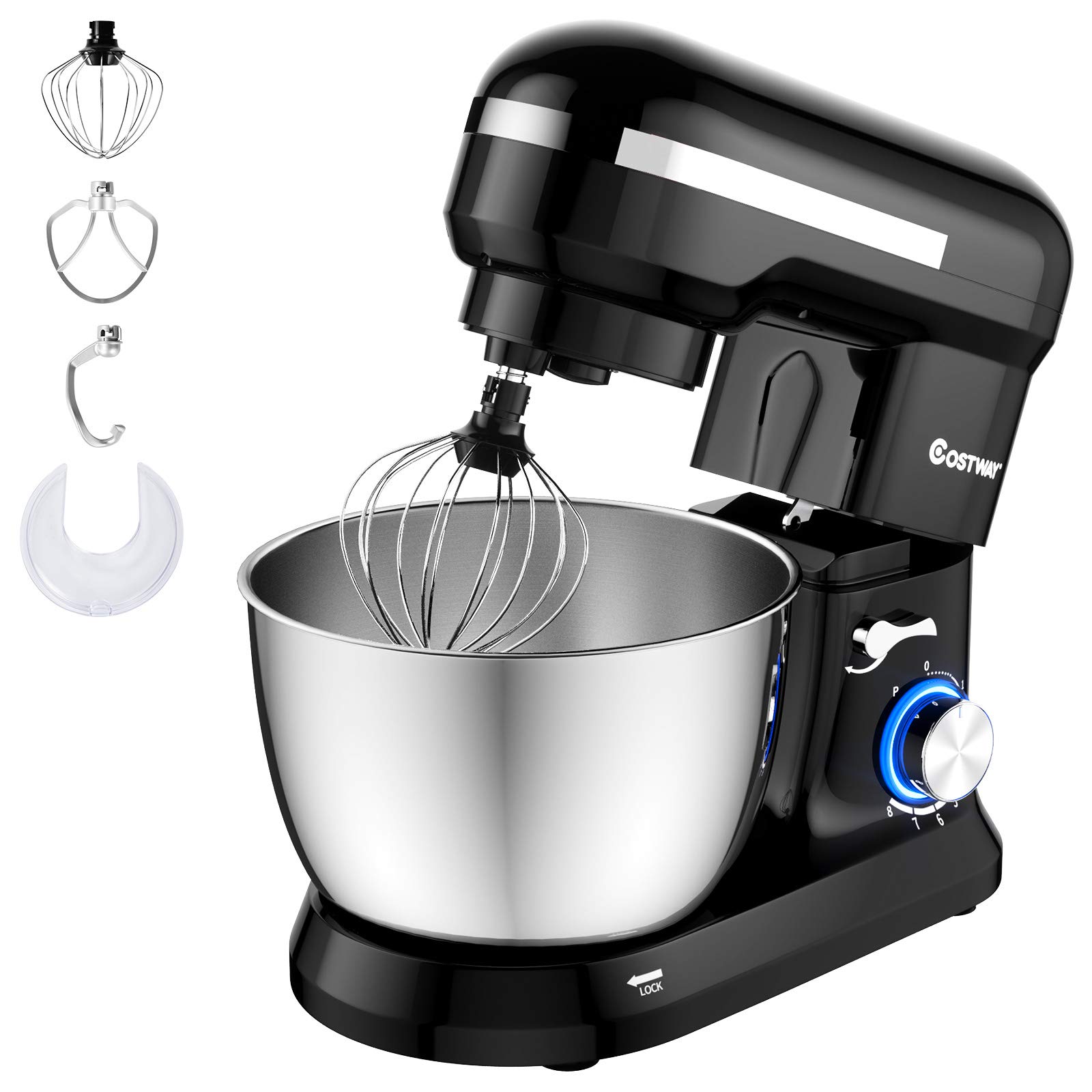 COSTWAY Tilt-Head Stand Mixer, 8-speed Food Mixer with Pulse Function, Multifunctional Kitchen Electric Mixer with Dough Hook, Whisk, Beater, Stainless Steel Bowl & Splash Guard (Black)