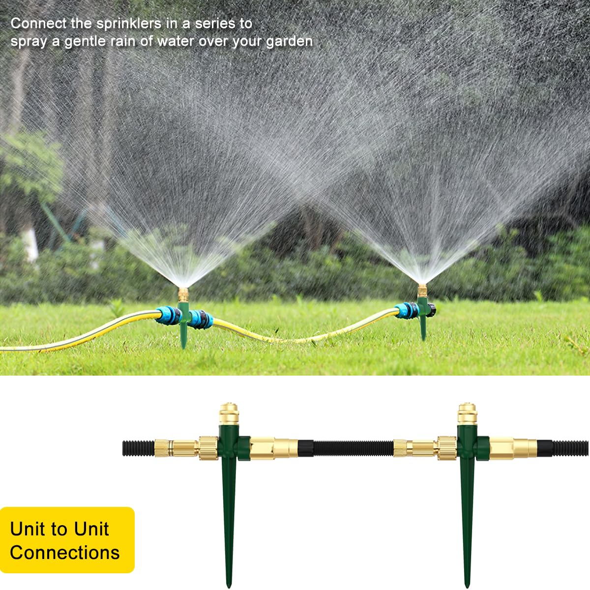 FANHAO 2 Pack Metal Lawn Sprinkler for Yard, Automatic Garden Water Sprinkler on Spike Base, Adjustable Brass Sprinkler Nozzle 360 Degree Large Area Coverage for Lawn Grass Patio Garden Irrigation