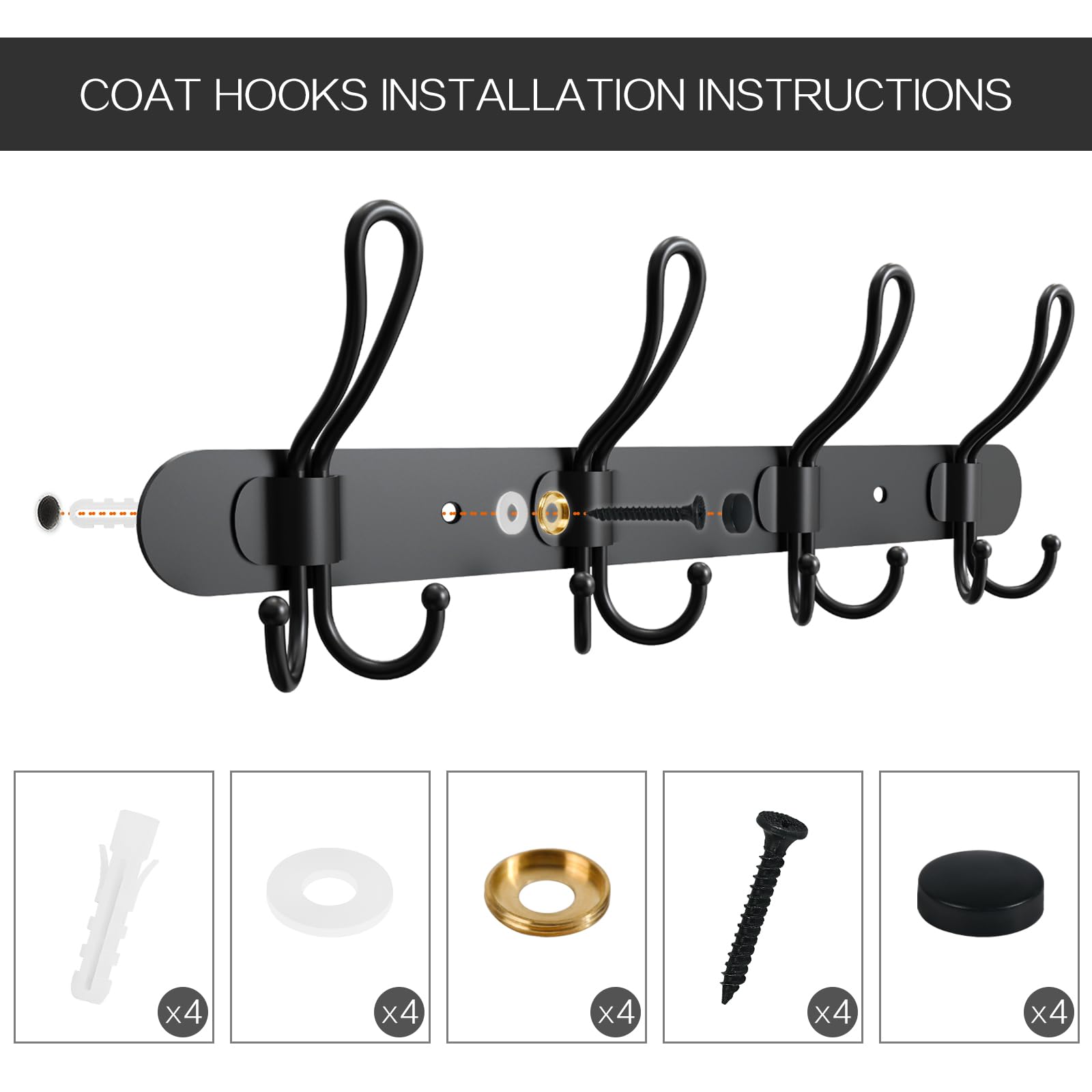 CoziPlan Coat Rack Wall Mounted, 4 Heavy-Duty Tri Hooks All Metal Structures with Large Space, for Coat Hat Towel Purse Robes Mudroom Bathroom Entryway (Matte Black, 2 Packs)