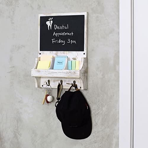 MyGift Whitewashed Wood Entryway Wall Organizer, Family Command Center Mail and Key Holder Rack with 3 Hooks, 3 Mail Slots and Chalkboard