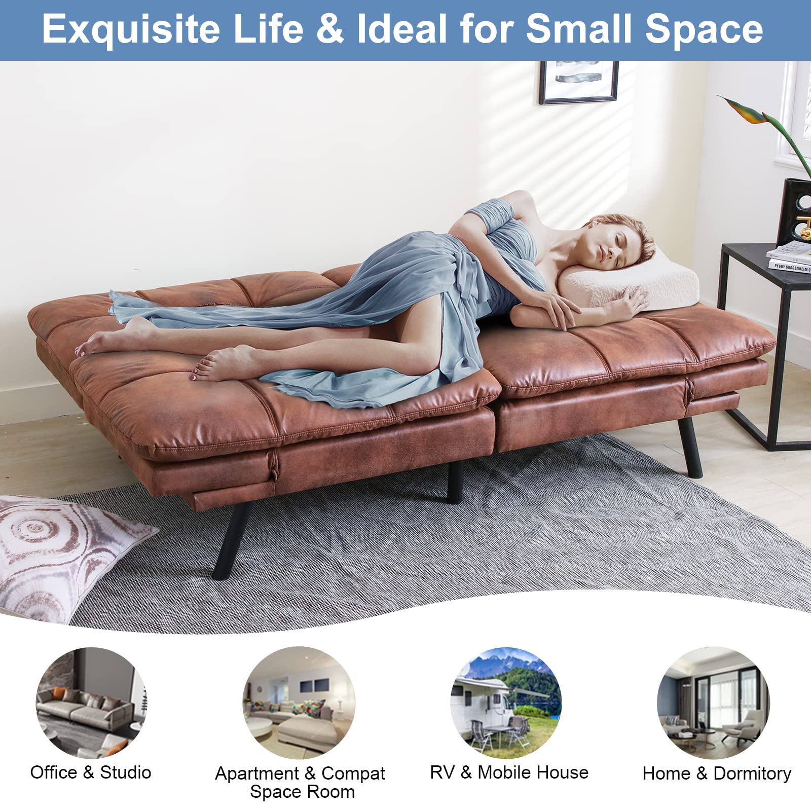 MUUEGM Futon Sofa Bed Convertible Memory Foam Sleeper Couch,Modern Faux Leather Loveseat for Living Room,Small Compact Space,Dorm,Office,Adjustable Armrests Backrest Sofabed, Brown