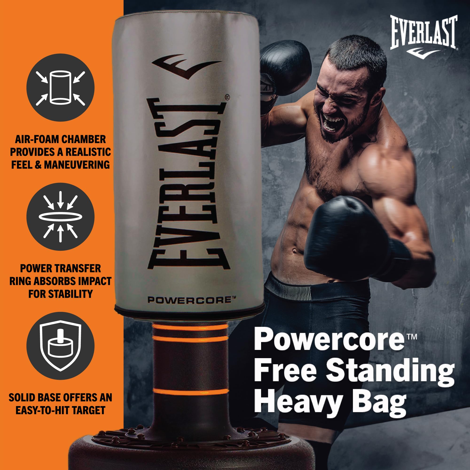 Everlast Powercore Free Standing Indoor Rounded Heavy Duty Fitness Training Punching Bag for Home Gym Strength Boxing Workout Exercise, Silver