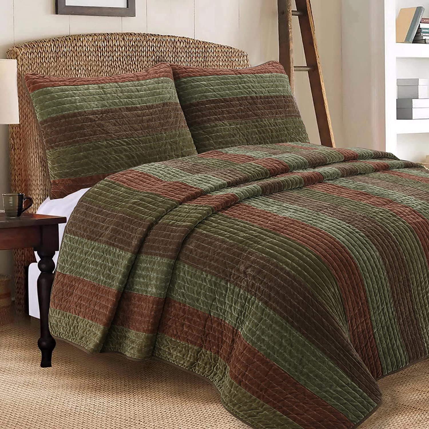 Cozy Line Home Fashions Rhett Dark Brown Sage Green Bold Striped Velvet Reversible Quilt Bedding Set, Coverlet, Bedspread Set (Brown/Sage, Queen - 3 Piece)