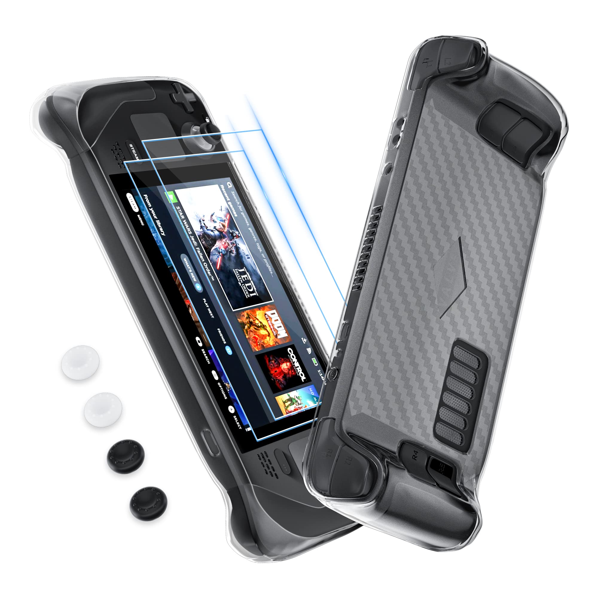 FANPL Clear Case for Steam Deck accessories with 2 Screen Protector and 4 Thumb Caps, TPU Soft Protector Cover for Steam Deck Skin - Checker Design
