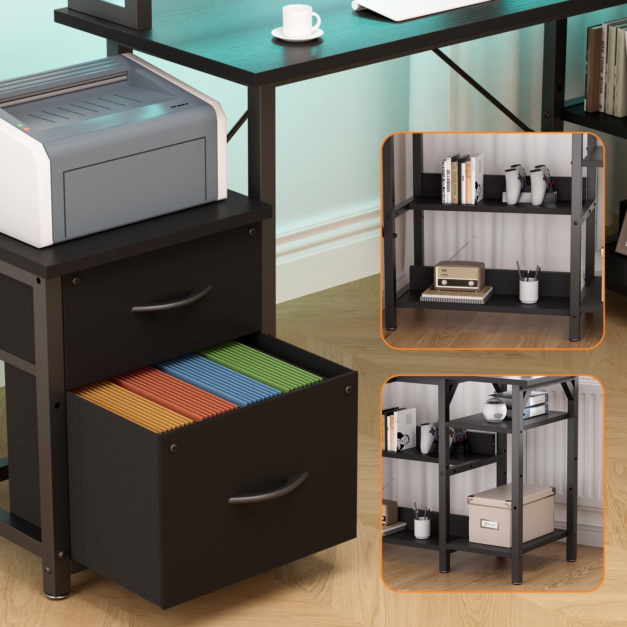 L Shaped Gaming Desk,Oopswow Computer Desk,68 Inch Office Desk with File Drawers & 2-Tier Storage Shelves,Large Reversible Corner Desks Writing Study Workstation with Power Outlets & LED Lights,Black