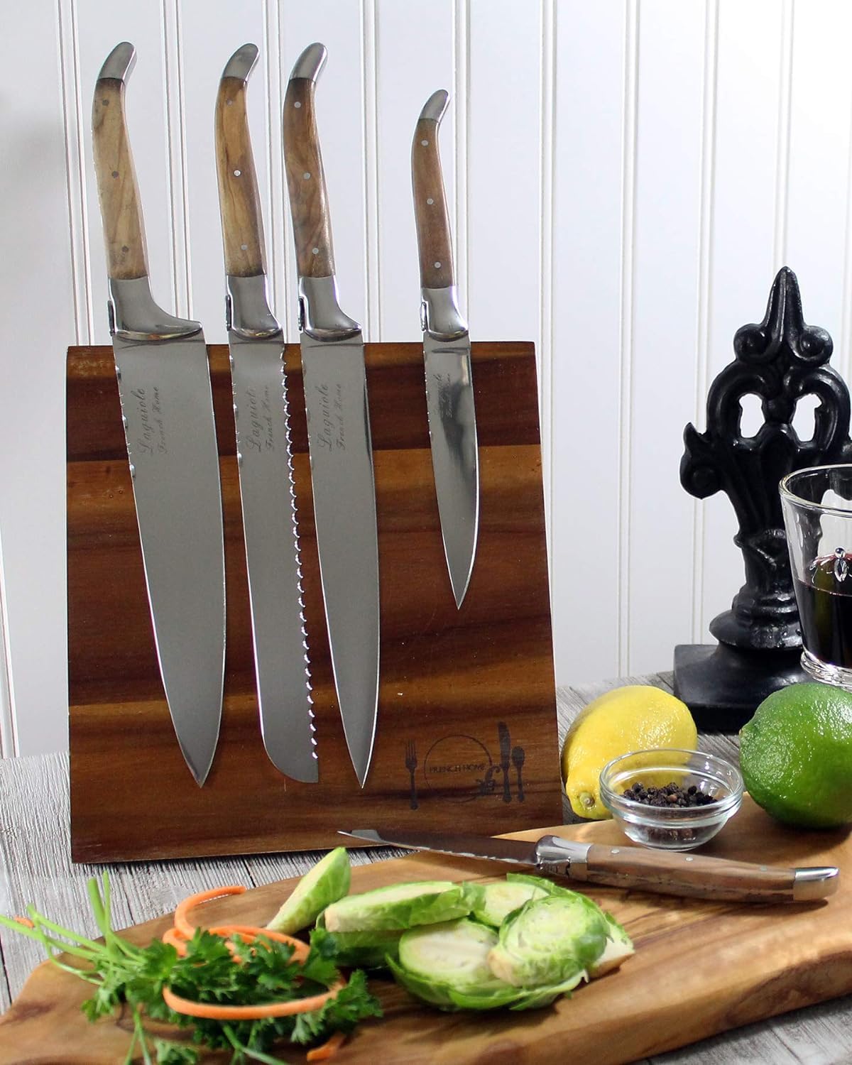 French Home Laguiole Connoisseur Olivewood 5 Piece Kitchen Knife Set plus Magnetic Display.