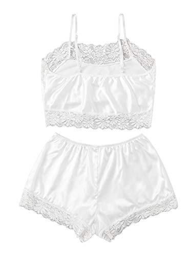 SweatyRocks Women's Satin Lace Sleepwear Spaghetti Strap Top and Shorts Pajama Set White M