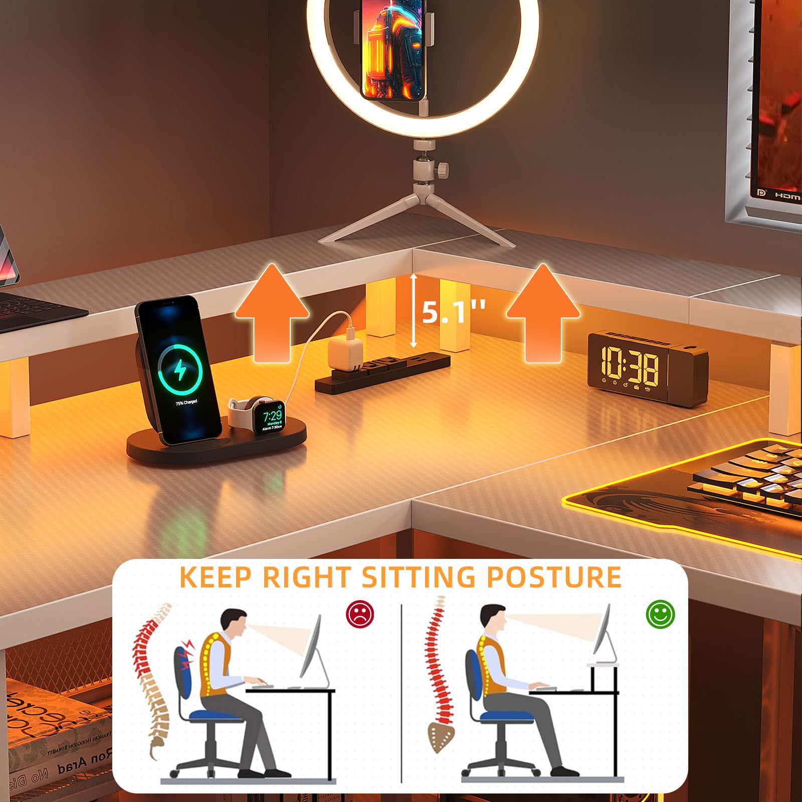 L Shaped Gaming Desk with LED Lights & Power Outlets, 66" Computer Desk with Storage Shelves，Monitor Stand & Printer Shelf, Large Gaming Table, Reversible Home Office Corner Desk, Black Carbon Fiber